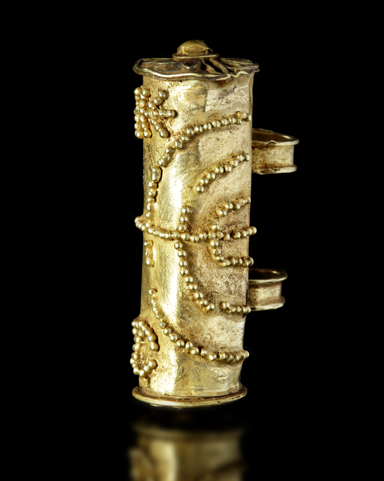 A LATE ROMAN/EARLY BYZANTINE SCROLL/AMULET CASE IN ELECTRUM WITH A ...