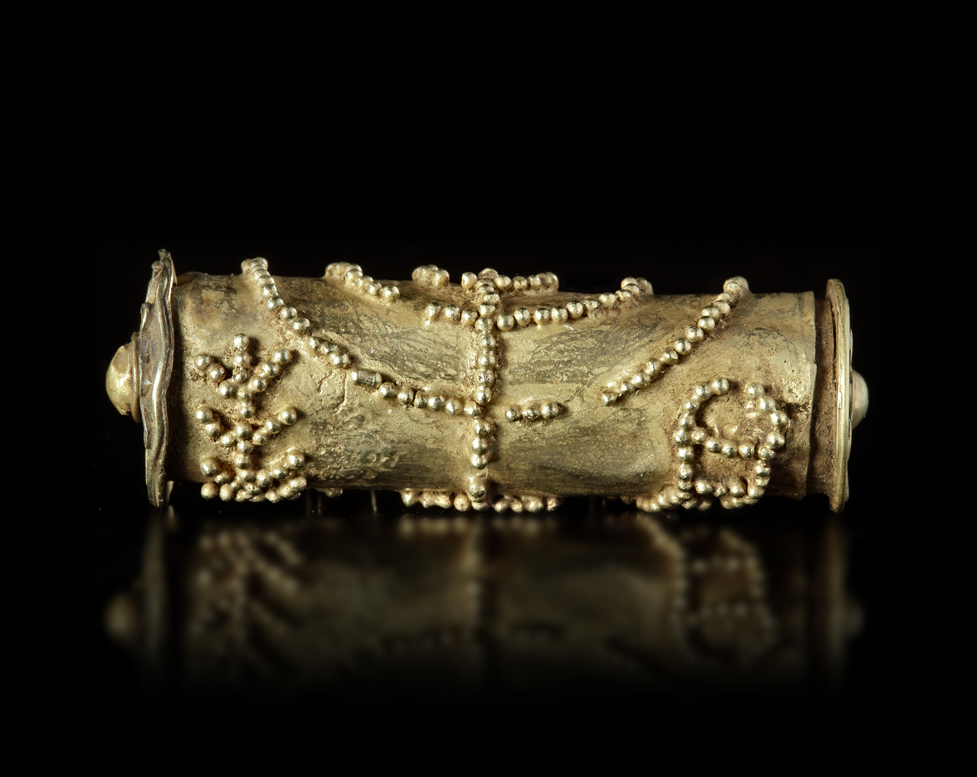 A LATE ROMAN/EARLY BYZANTINE SCROLL/AMULET CASE IN ELECTRUM WITH A ...