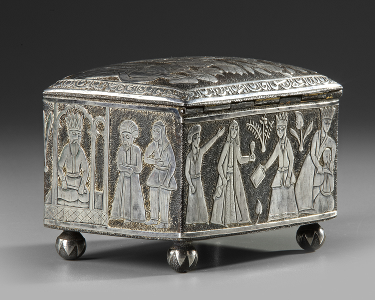 A QAJAR SILVER INLAID METALWARE CASKET, PERSIA, 19TH CENTURY
