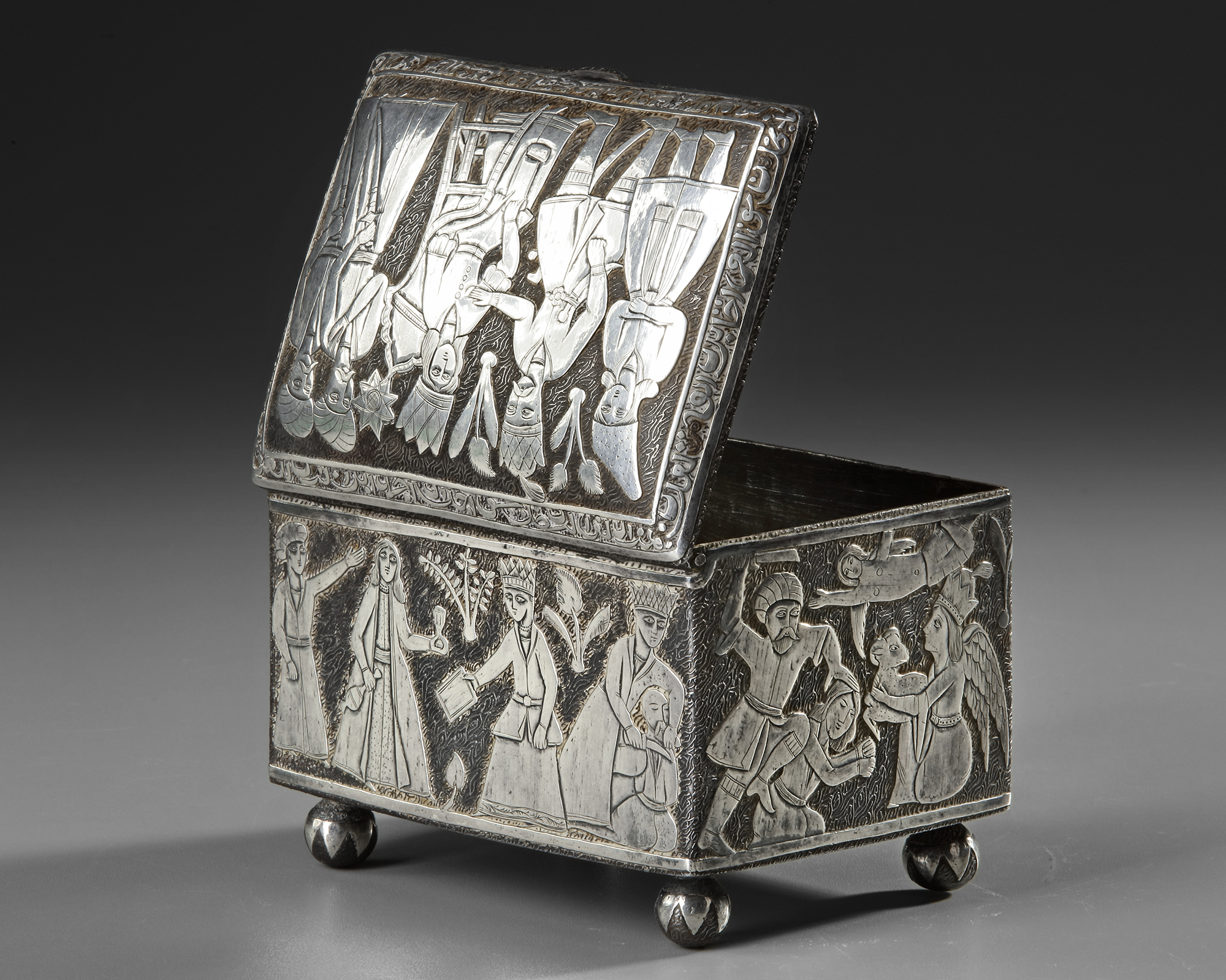 A QAJAR SILVER INLAID METALWARE CASKET, PERSIA, 19TH CENTURY