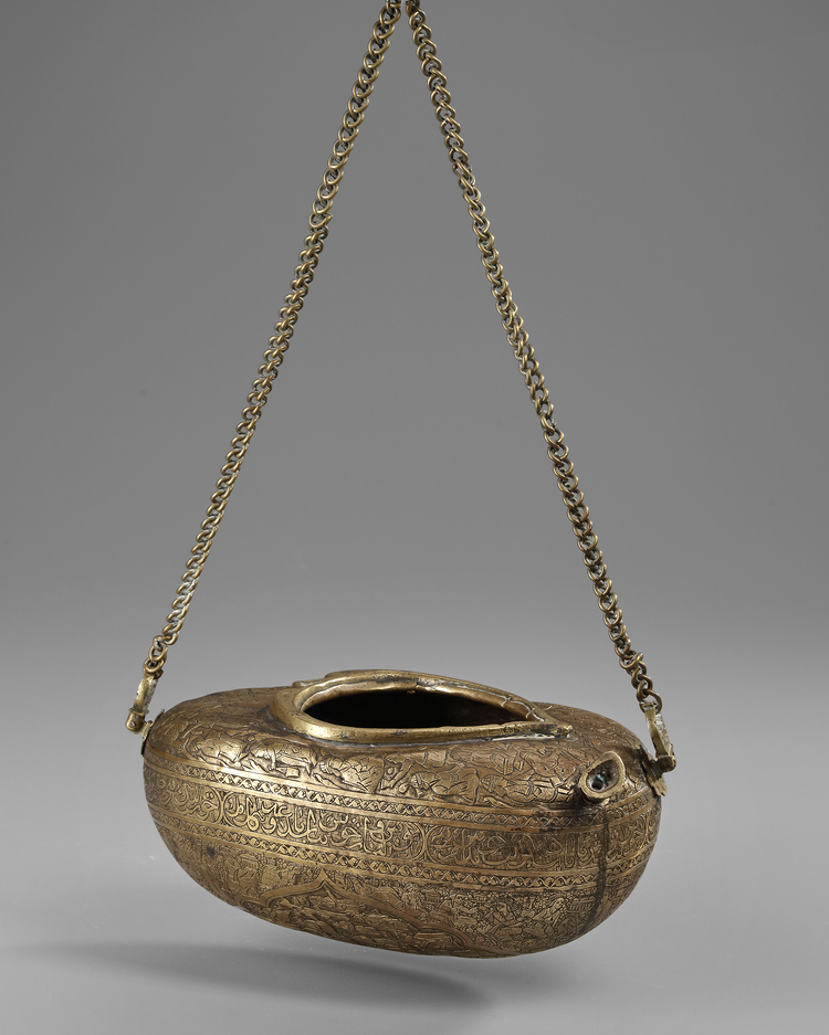 A FINE QAJAR ENGRAVED BRASS KASHKUL, PERSIA 19TH CENTURY