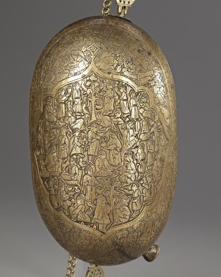 A FINE QAJAR ENGRAVED BRASS KASHKUL, PERSIA 19TH CENTURY