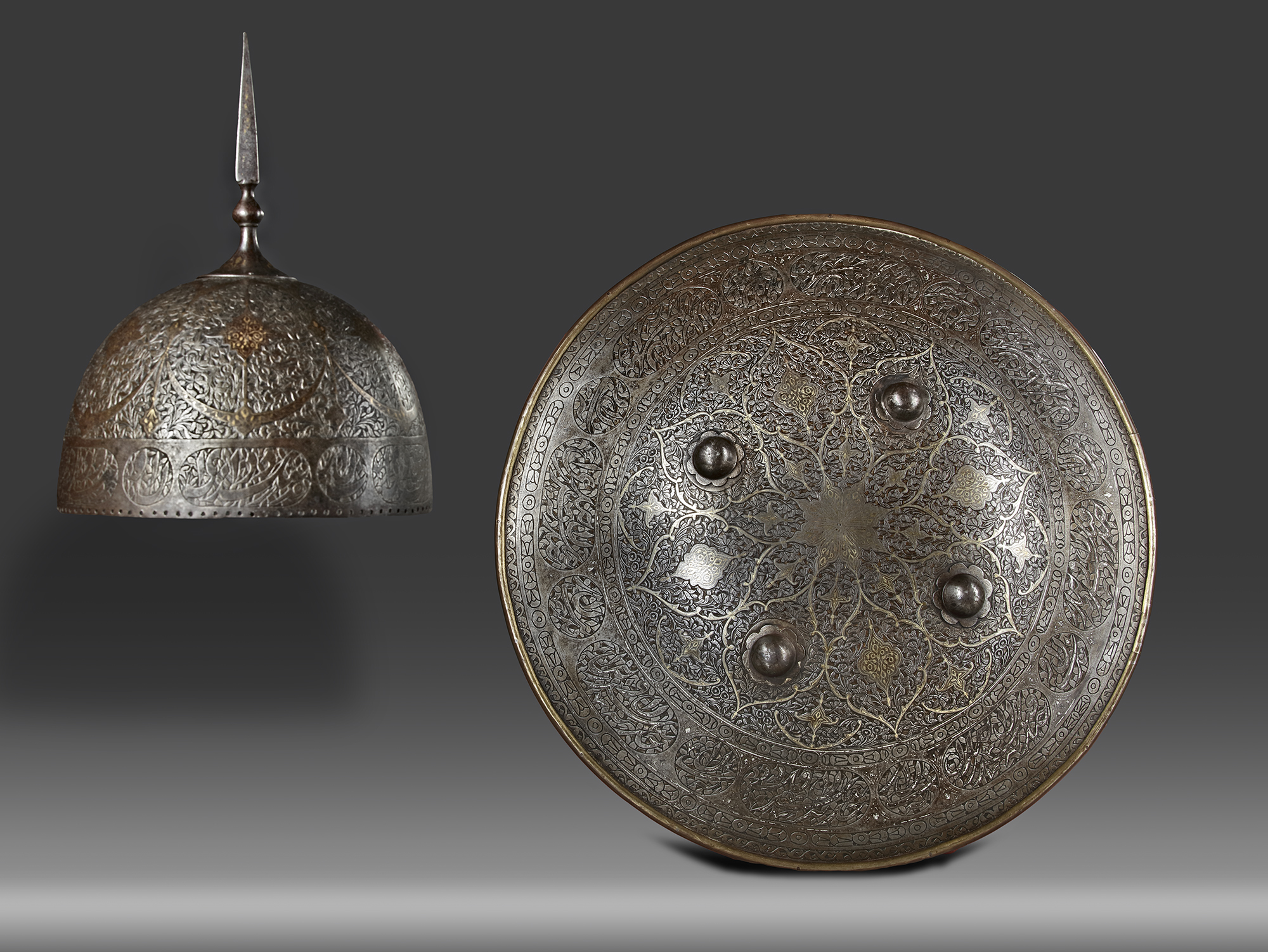 A QAJAR WATERED-STEEL HELMET AND SHIELD, PERSIA 19TH CENTURY