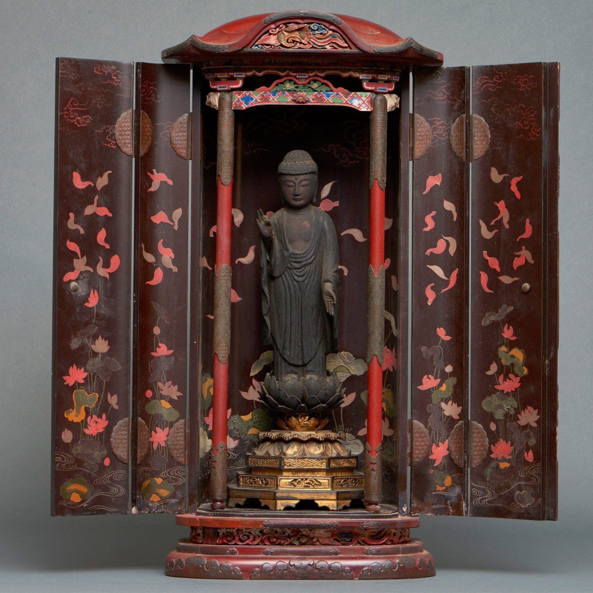 A JAPANESE LACQUERED WOODEN ZUSHI-SHRINE WITH AMIDA BUDDHA