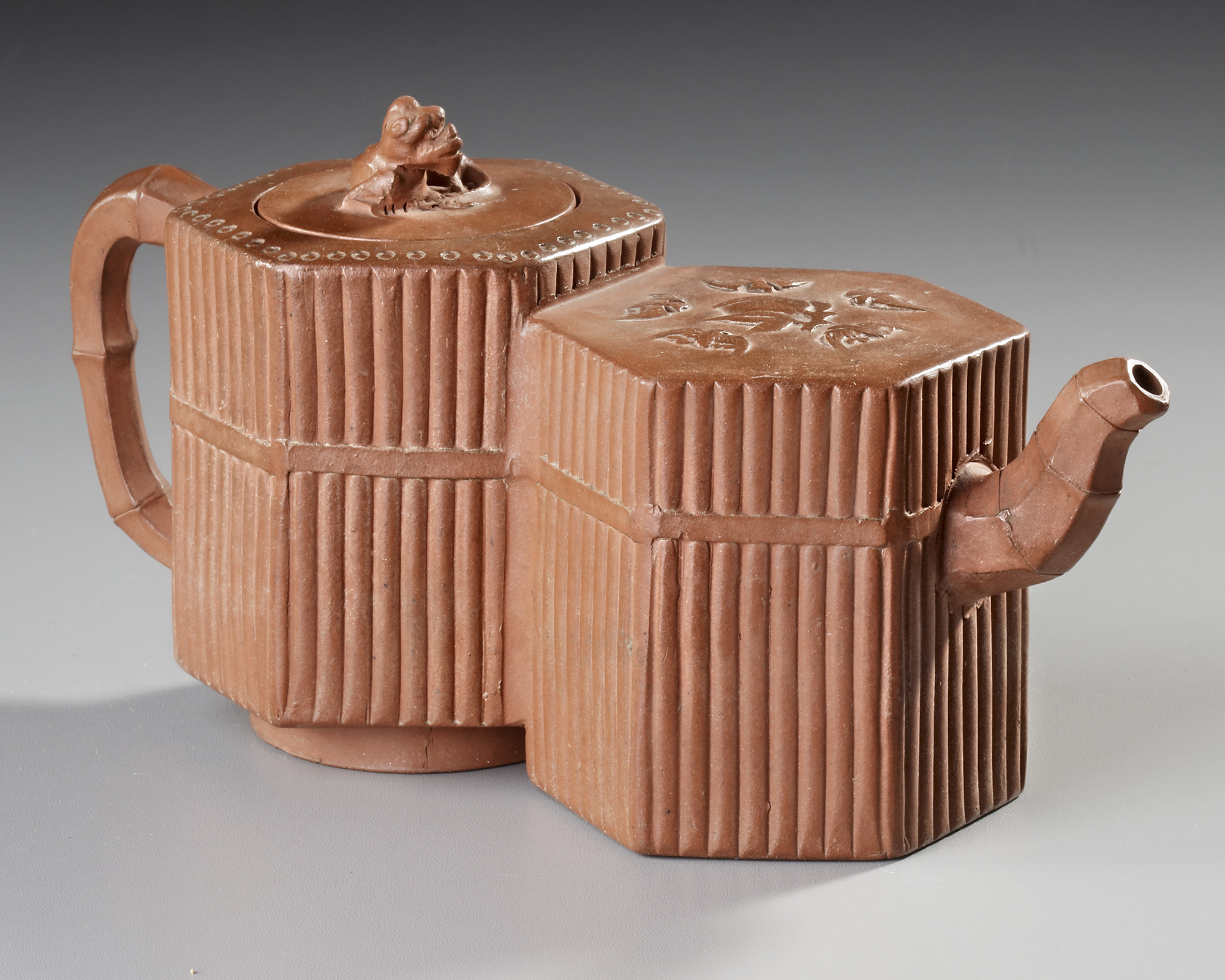 A CHINESE DOUBLE HEXAGONAL YIXING TEAPOT, 19TH CENTURY