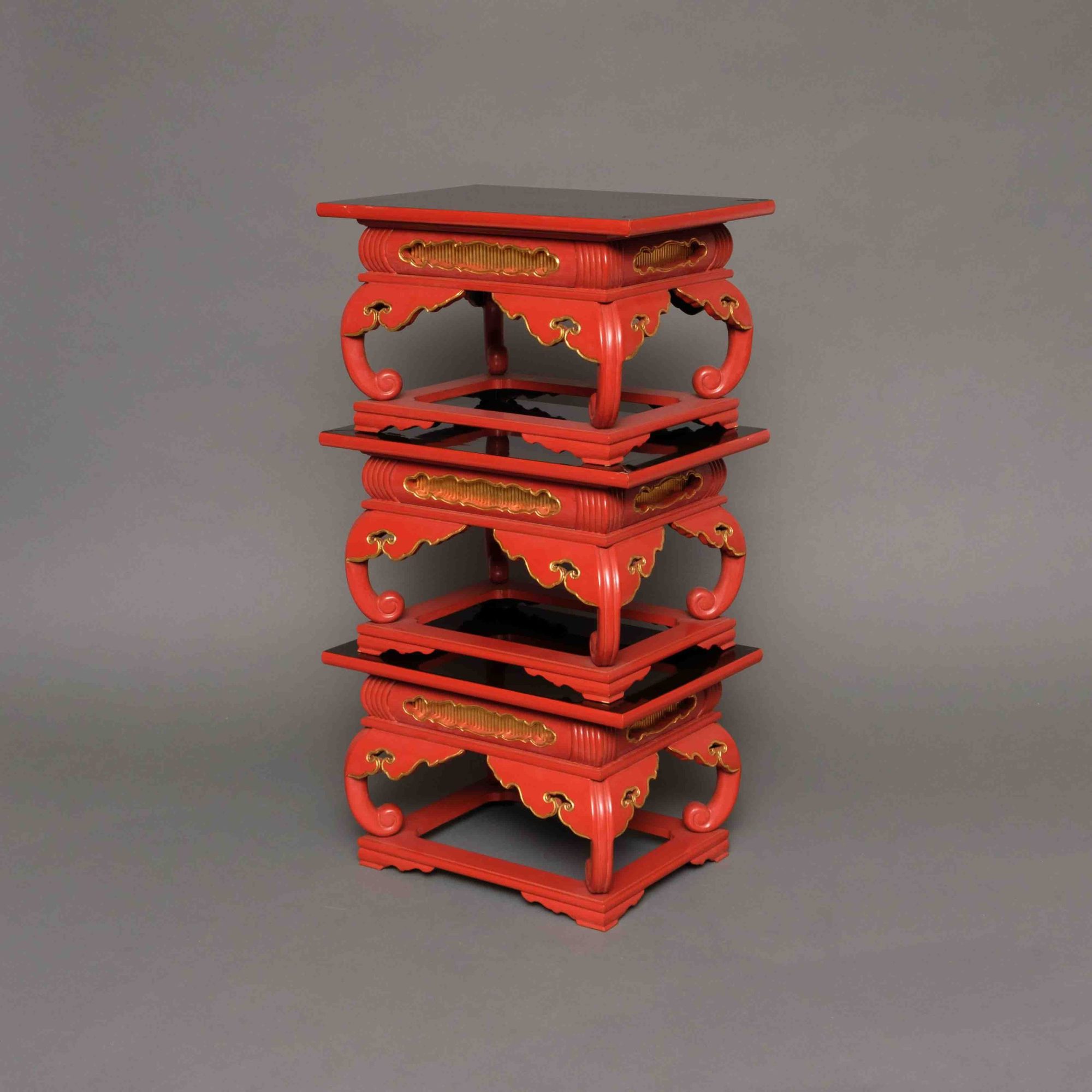 A JAPANESE SET OF 3 SMALL LACQUER TEMPLE TABLES, 1869
