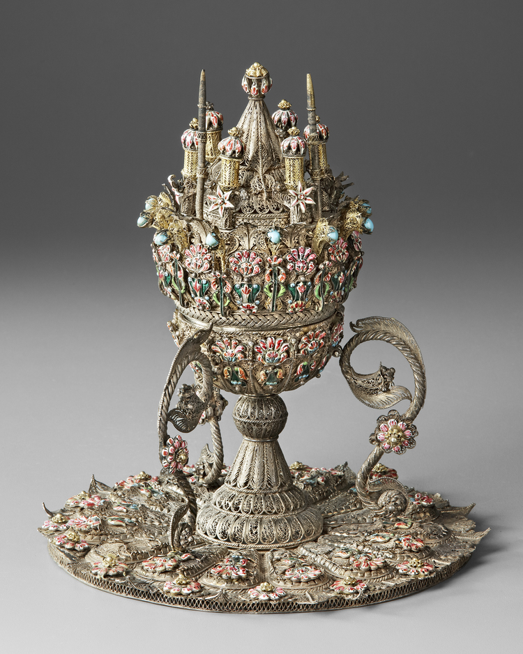 A FINE OTTOMAN PARCEL-GILT ENAMELLED SILVER FILIGREE CENSER, 18TH CENTURY