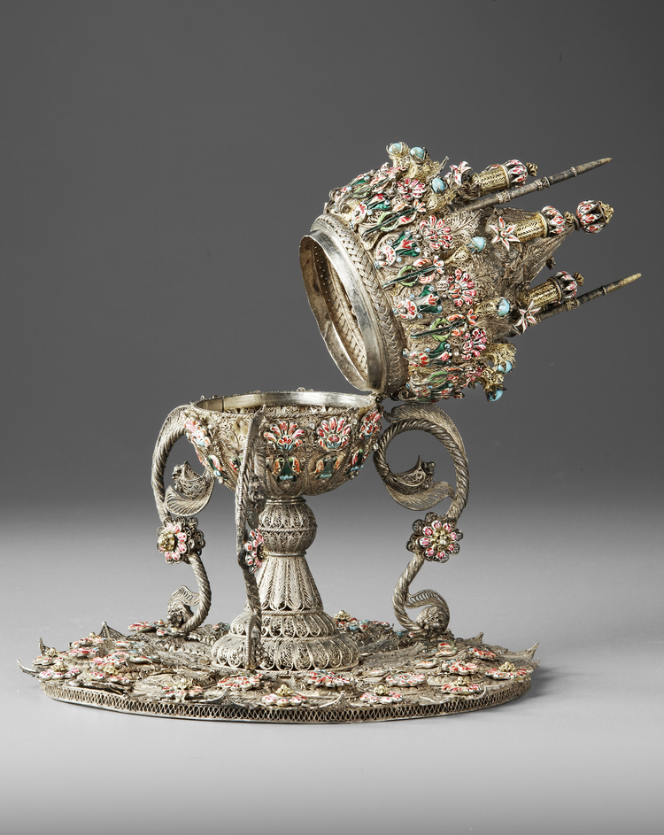 A FINE OTTOMAN PARCEL-GILT ENAMELLED SILVER FILIGREE CENSER, 18TH CENTURY