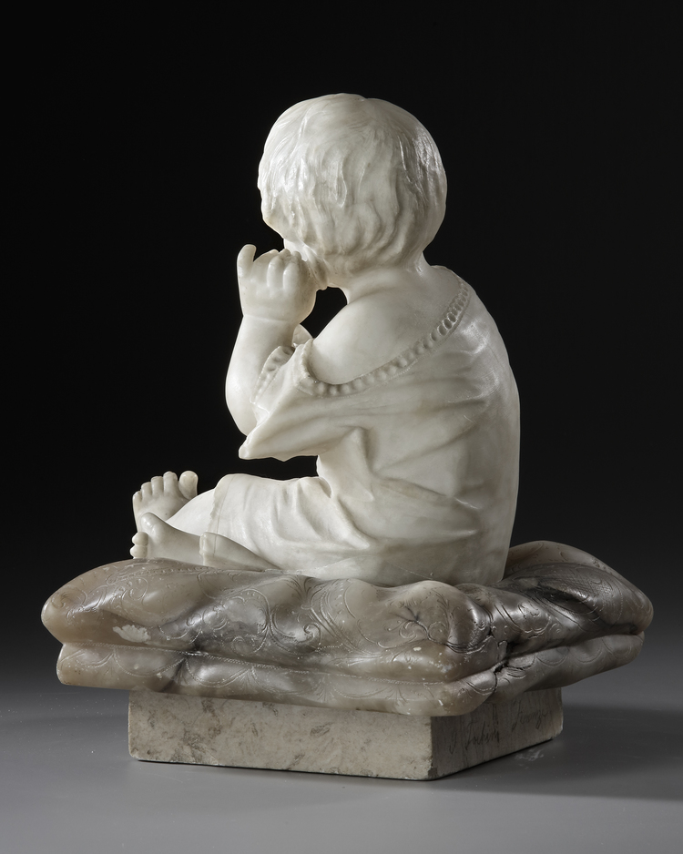 AN ALABASTER SCULPTURE OF A SMALL CHILD, SIGNED, ART NOUVEAU STYLE ...