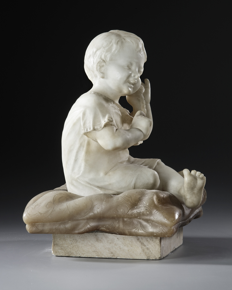 AN ALABASTER SCULPTURE OF A SMALL CHILD, SIGNED, ART NOUVEAU STYLE ...