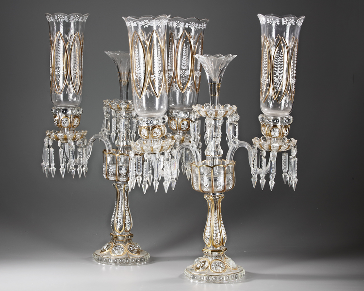 A PAIR OF MOLDED AND PARTIALLY RE-ENGRAVED AND GILDED CRYSTAL ...