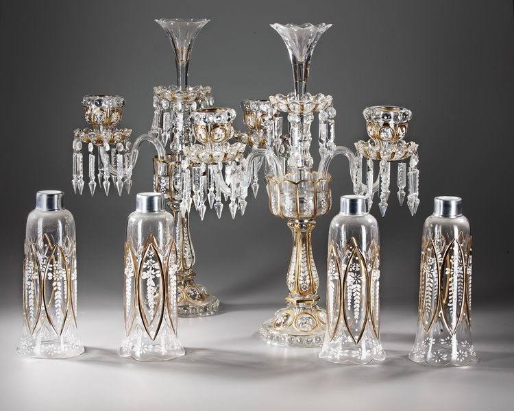 A PAIR OF MOLDED AND PARTIALLY RE-ENGRAVED AND GILDED CRYSTAL ...