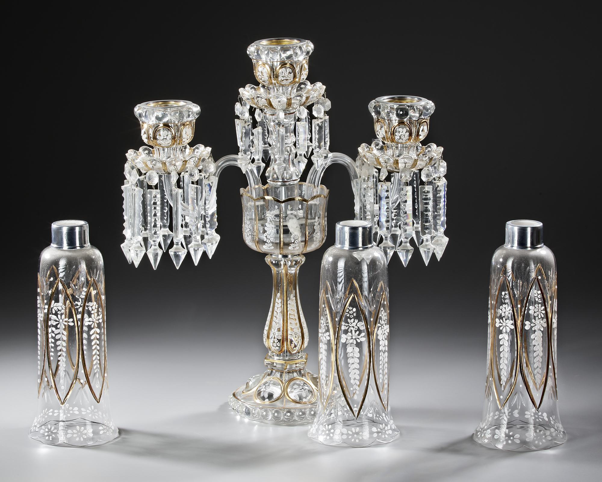 A MOLDED AND PARTIALLY RE-ENGRAVED AND GILDED CRYSTAL GIRANDOLE, LATE ...