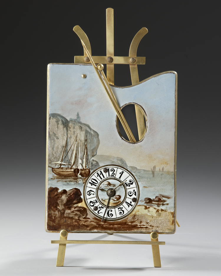 A PENDULUM IN THE SHAPE OF A PAINTED PORCELAIN COLOR PALETTE, EARLY ...