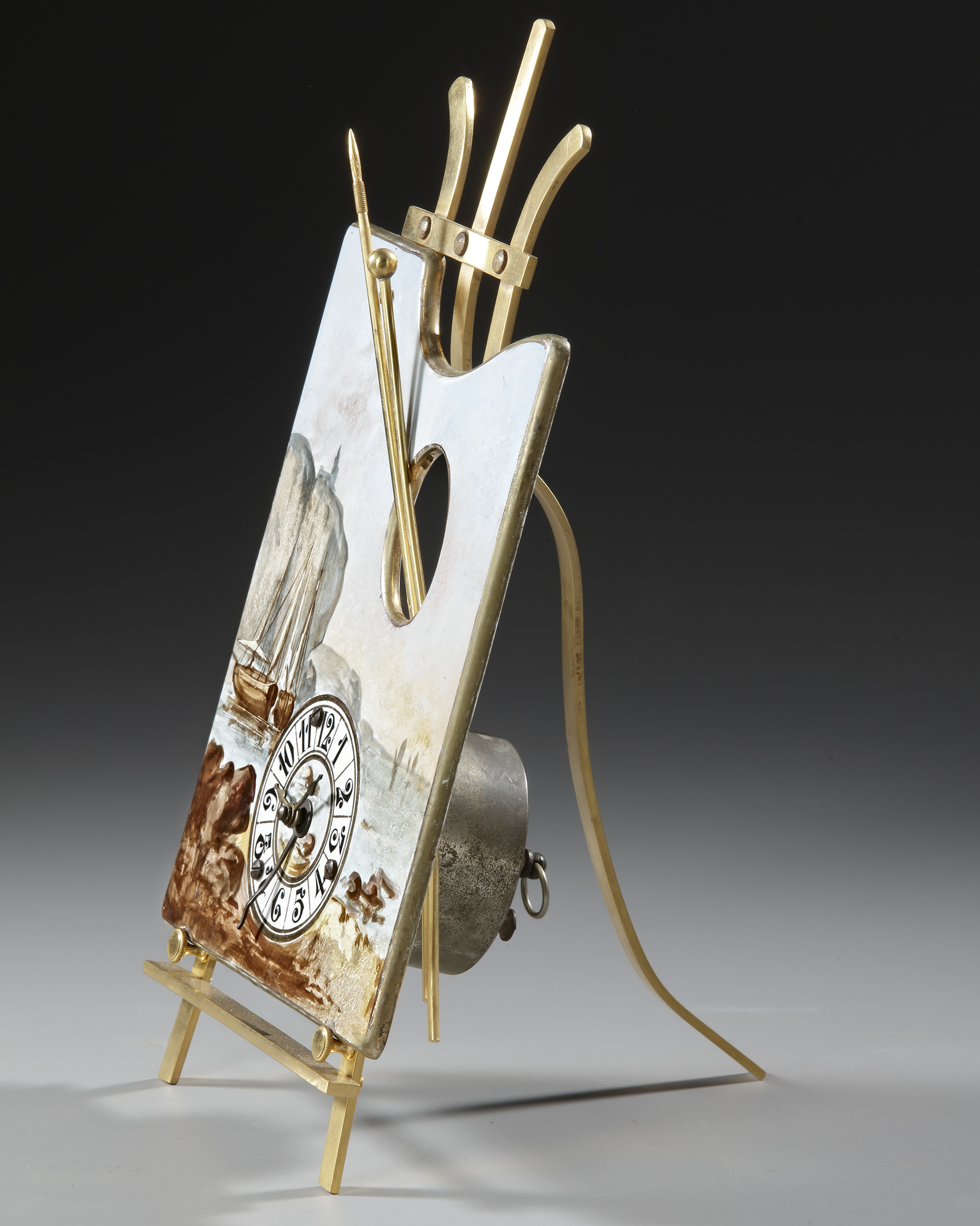 A PENDULUM IN THE SHAPE OF A PAINTED PORCELAIN COLOR PALETTE, EARLY ...