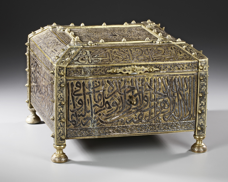 A MAMLUK REVIVAL SILVER INLAID BRASS QURAN BOX, SYRIA 19TH CENTURY