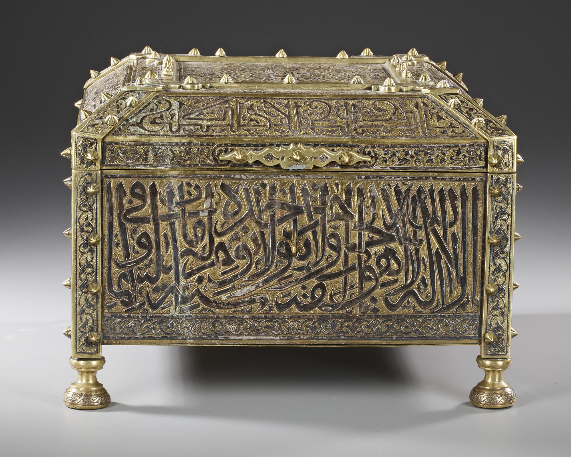 A MAMLUK REVIVAL SILVER INLAID BRASS QURAN BOX, SYRIA 19TH CENTURY