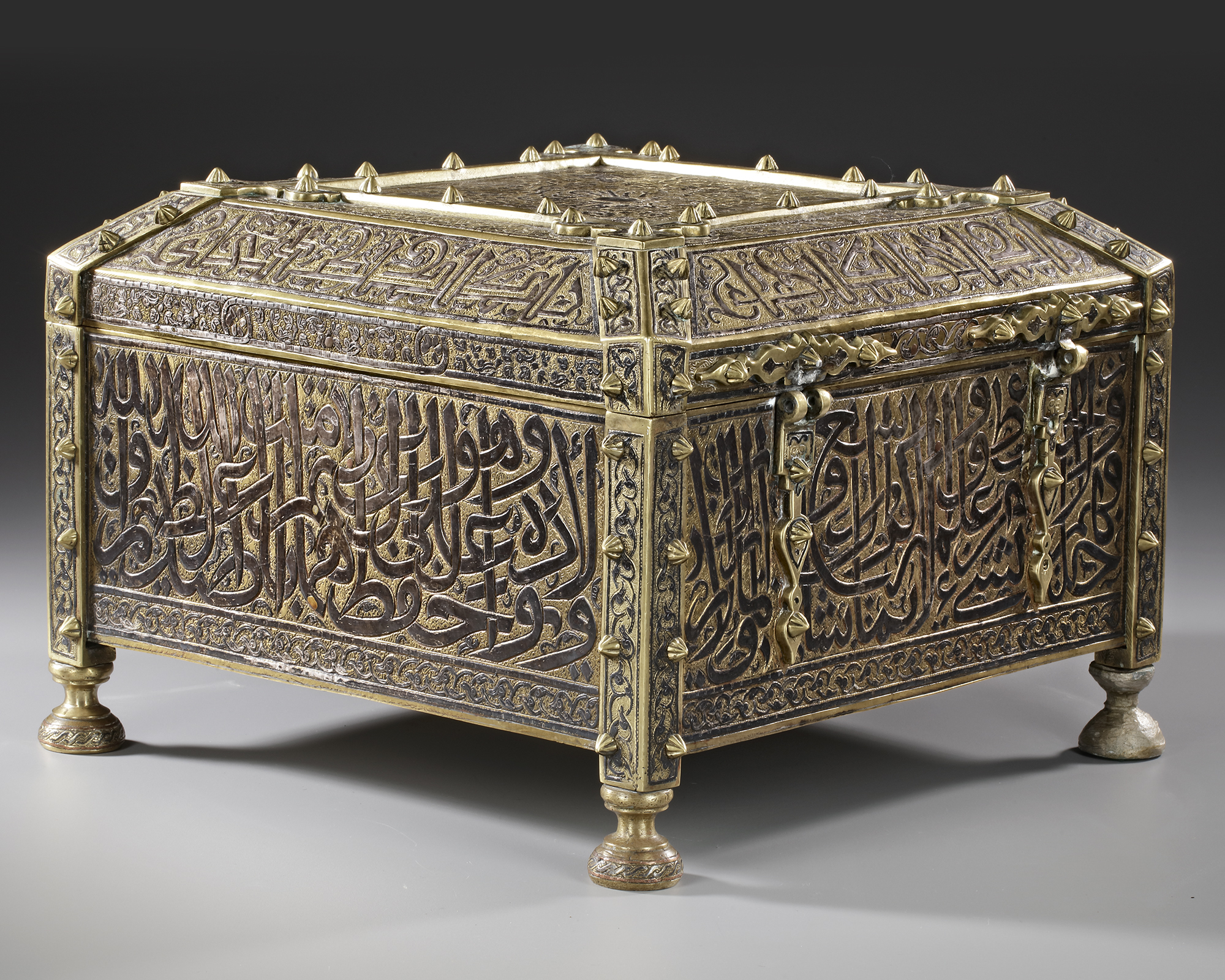A MAMLUK REVIVAL SILVER INLAID BRASS QURAN BOX, SYRIA 19TH CENTURY