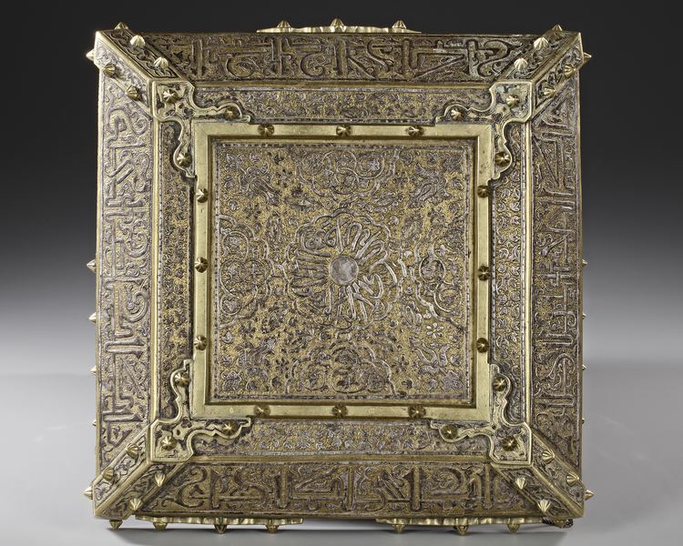 A MAMLUK REVIVAL SILVER INLAID BRASS QURAN BOX, SYRIA 19TH CENTURY