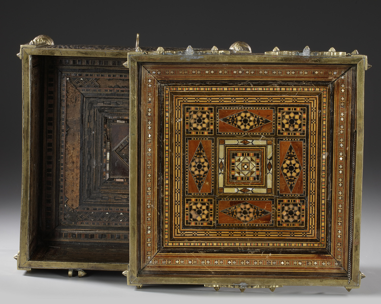 A MAMLUK REVIVAL SILVER INLAID BRASS QURAN BOX, SYRIA 19TH CENTURY