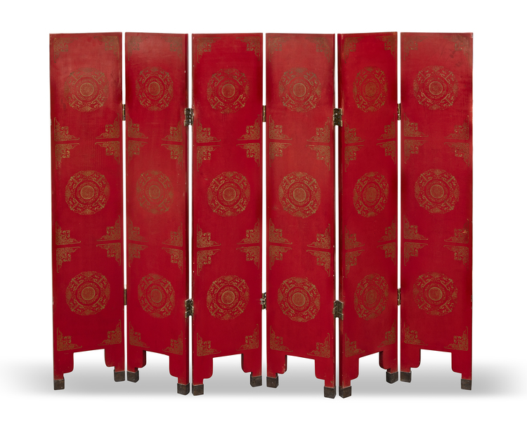 A CHINESE RED SIX-LEAF SCREEN, LATE 19TH CENTURY