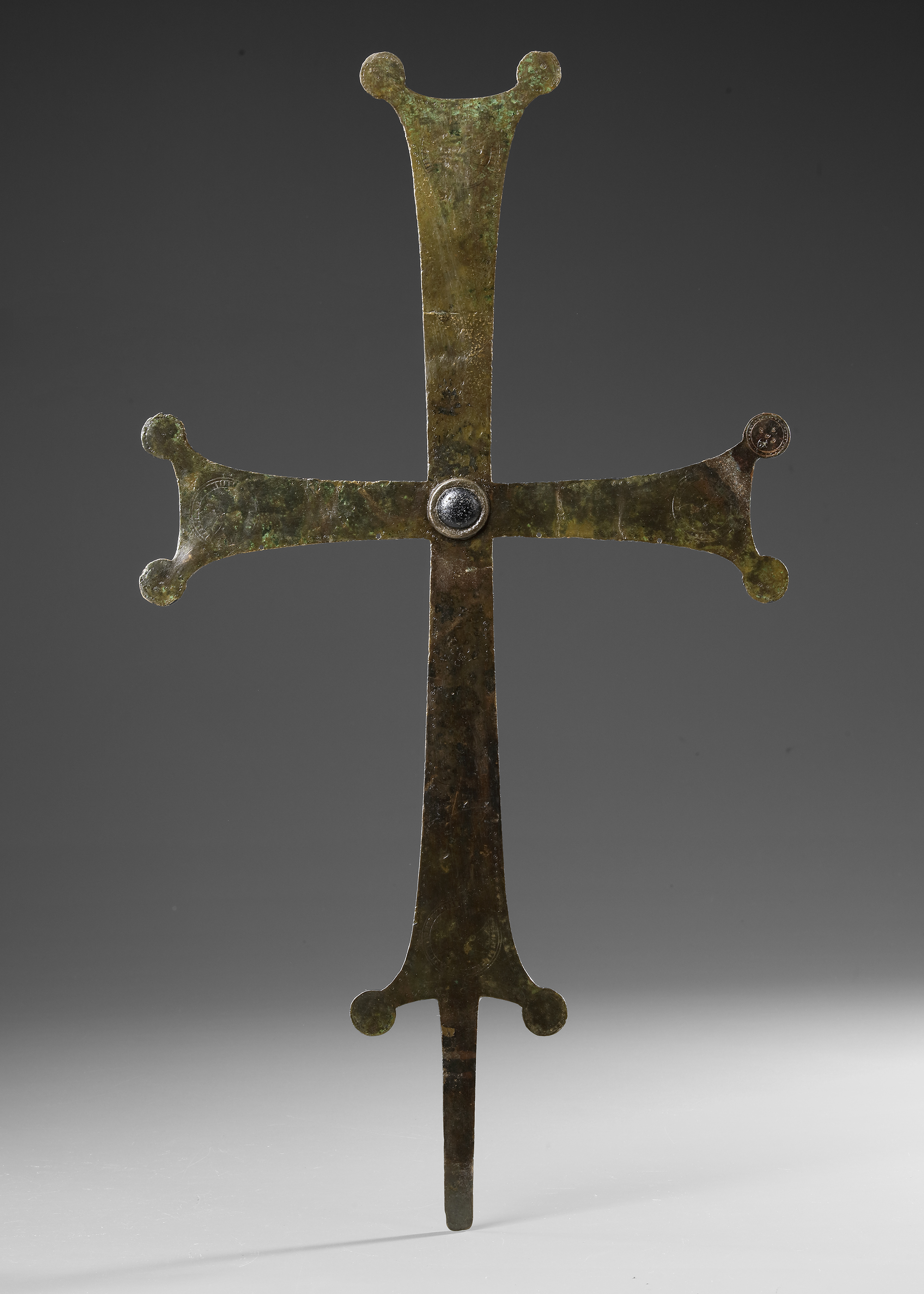 A BRONZE PROCESSION BLACK PATINA BYZANTINE CROSS
