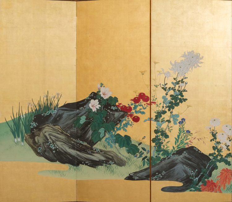 A JAPANESE BYOBU FLOWER GARDEN ON GOLD LEAF, MEIJI PERIOD (1868-1912)