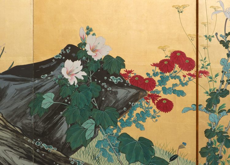 A JAPANESE BYOBU FLOWER GARDEN ON GOLD LEAF, MEIJI PERIOD (1868-1912)