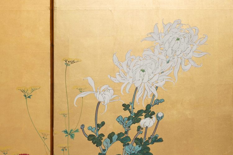 A JAPANESE BYOBU FLOWER GARDEN ON GOLD LEAF, MEIJI PERIOD (1868-1912)