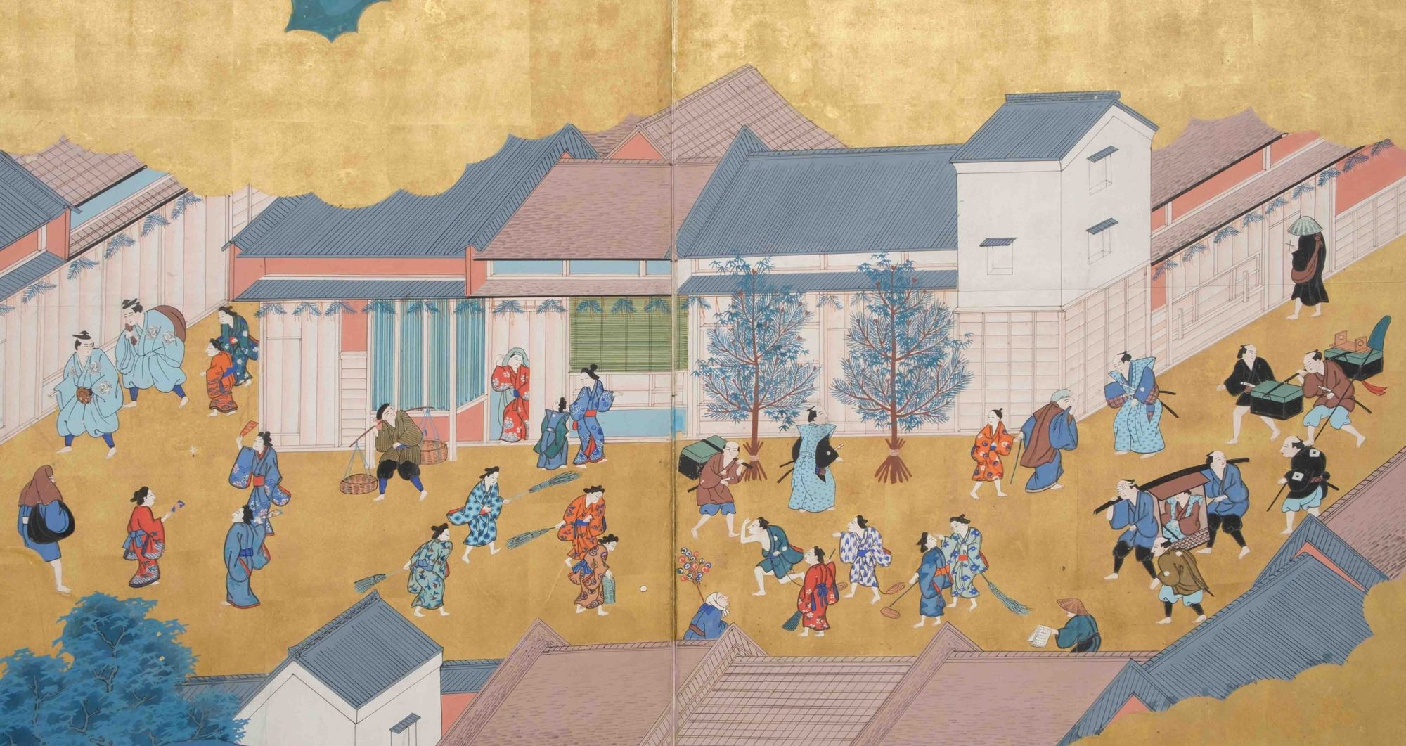 A TALL JAPANESE SIX PANEL SCREEN TOSA SCHOOL 土佐派 GENRE PAINTING ON GOLD ...