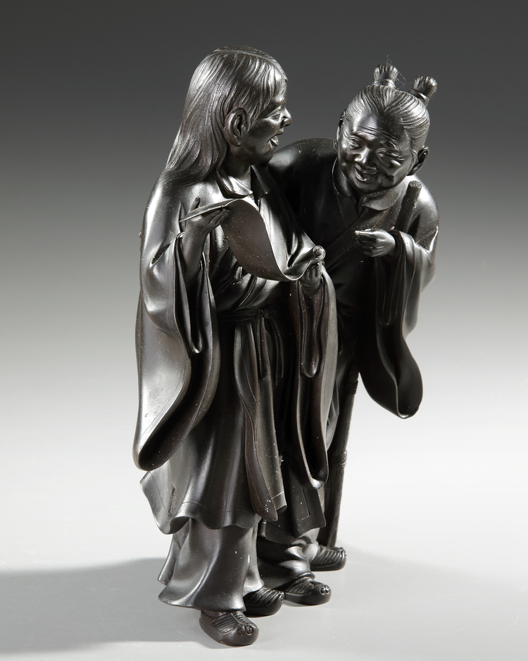 A FINE JAPANESE BRONZE OBJECT 置物 DEPICTING KANZAN 寒山 (HANSHAN) AND ...