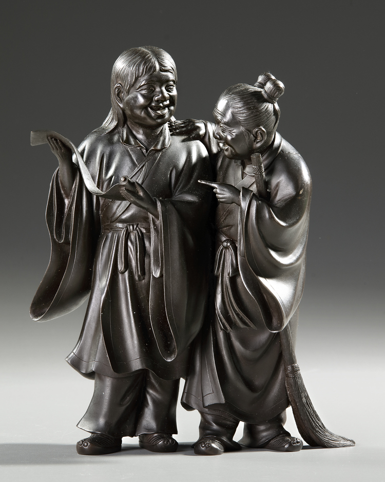 A FINE JAPANESE BRONZE OBJECT 置物 DEPICTING KANZAN 寒山 (HANSHAN) AND ...
