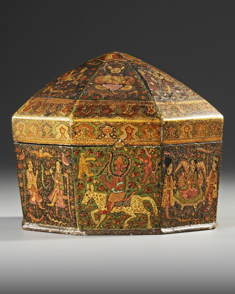 A KASHMIR OCTAGONAL LACQUER BOX WITH COURT SCENES, LATE 18TH CENTURY