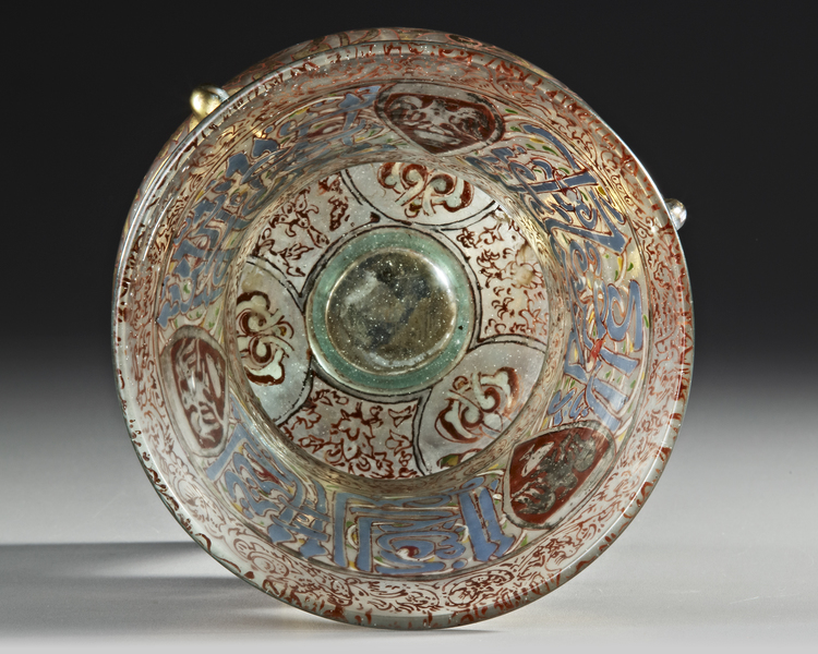 AN ISLAMIC ENAMELLED GLASS MOSQUE LAMP, 17TH CENTURY