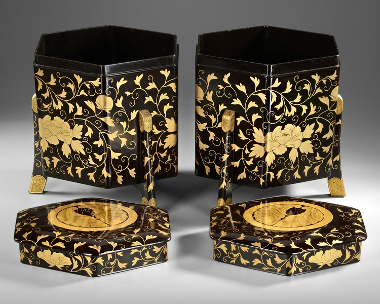 A JAPANESE SET OF TWO HEXAGONAL HOKAI CEREMONIAL BOXES, MEIJI PERIOD ...