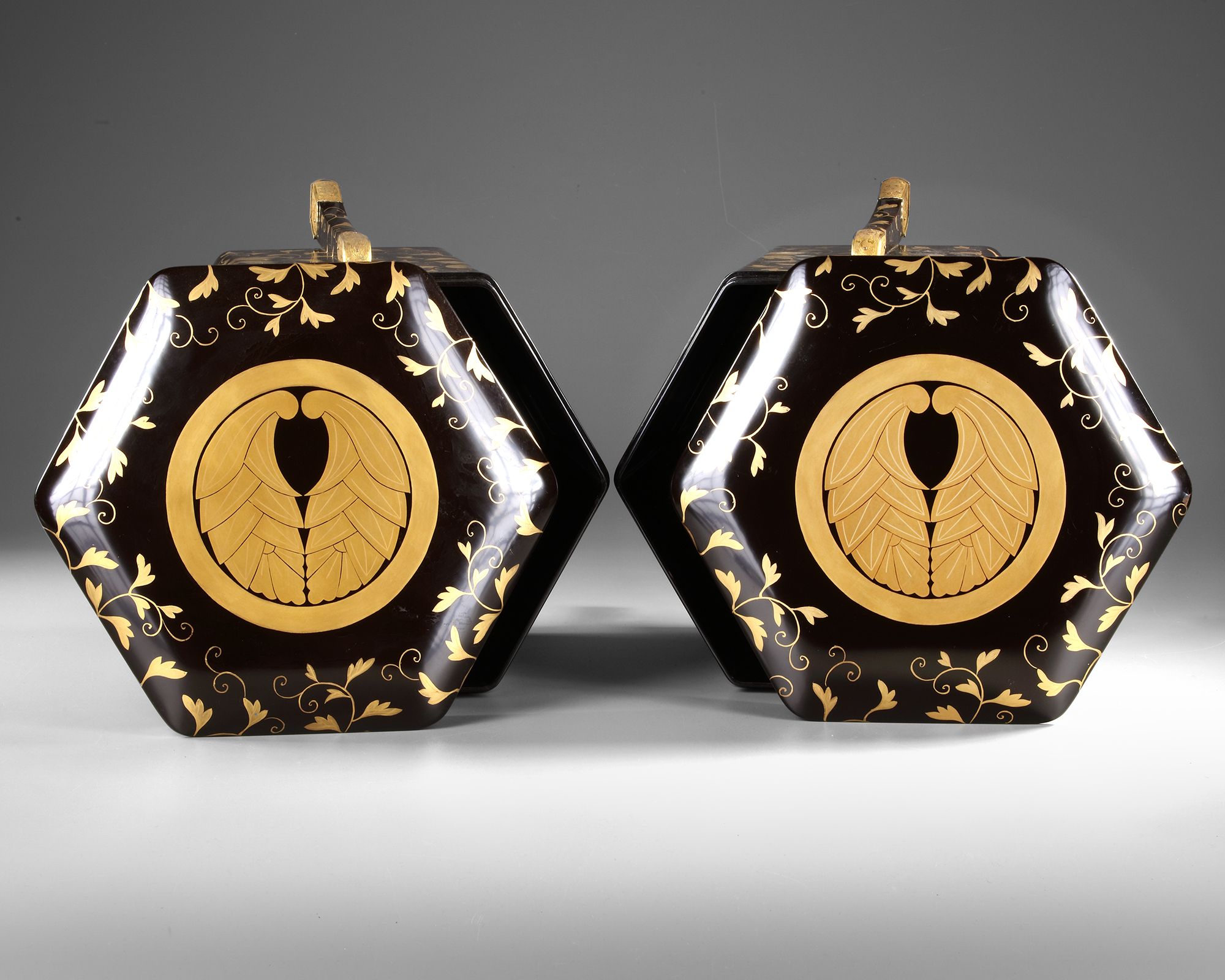 A JAPANESE SET OF TWO HEXAGONAL HOKAI CEREMONIAL BOXES, MEIJI PERIOD ...