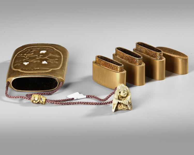 A JAPANESE SHIBAYAMA INLAY INRO WITH NETSUKE IN WOODEN BOX, MEIJI ...