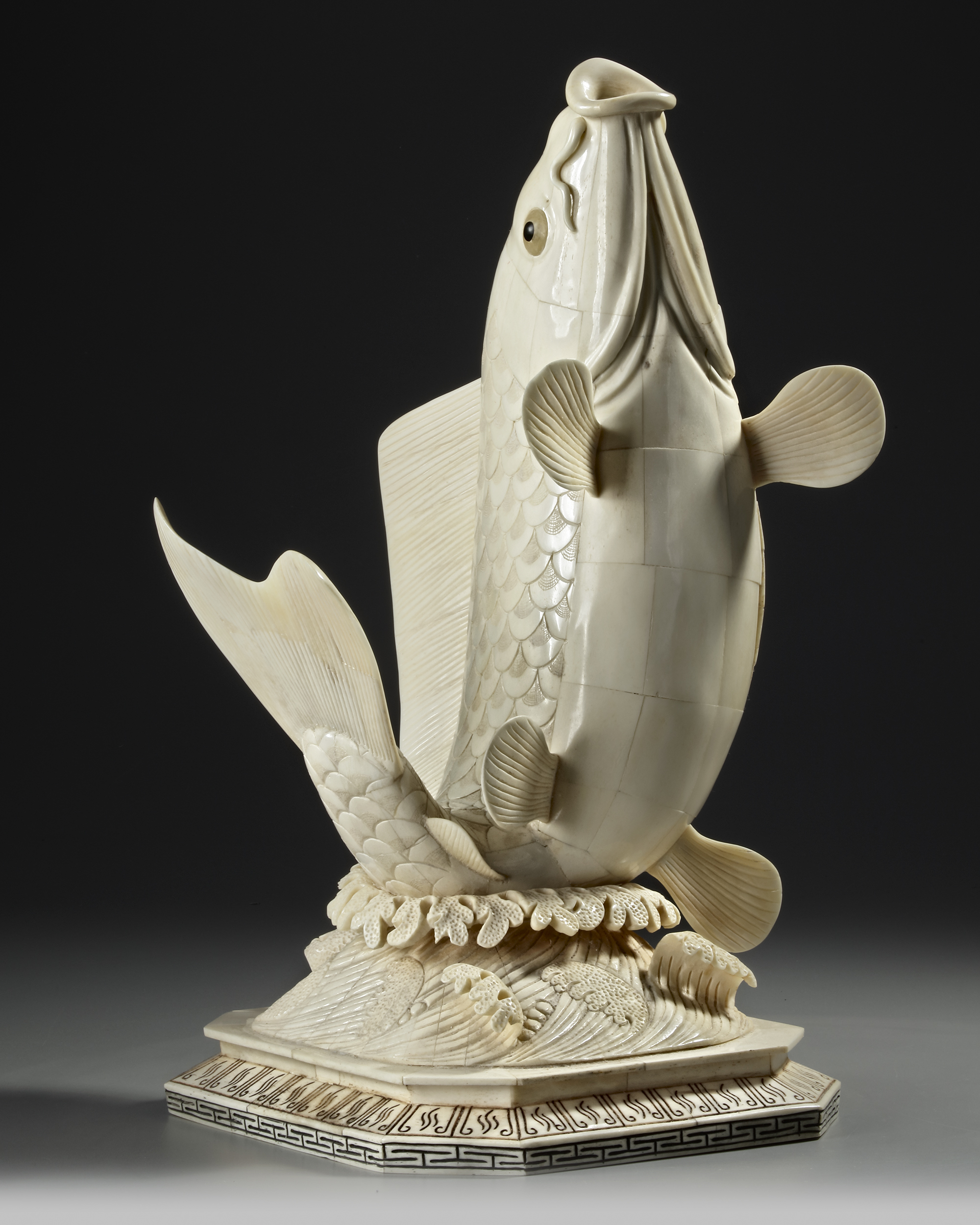 LARGE JAPANESE SCULPTURE — JUMPING KOI FISH IN CARVED BONE, 20TH CENTURY