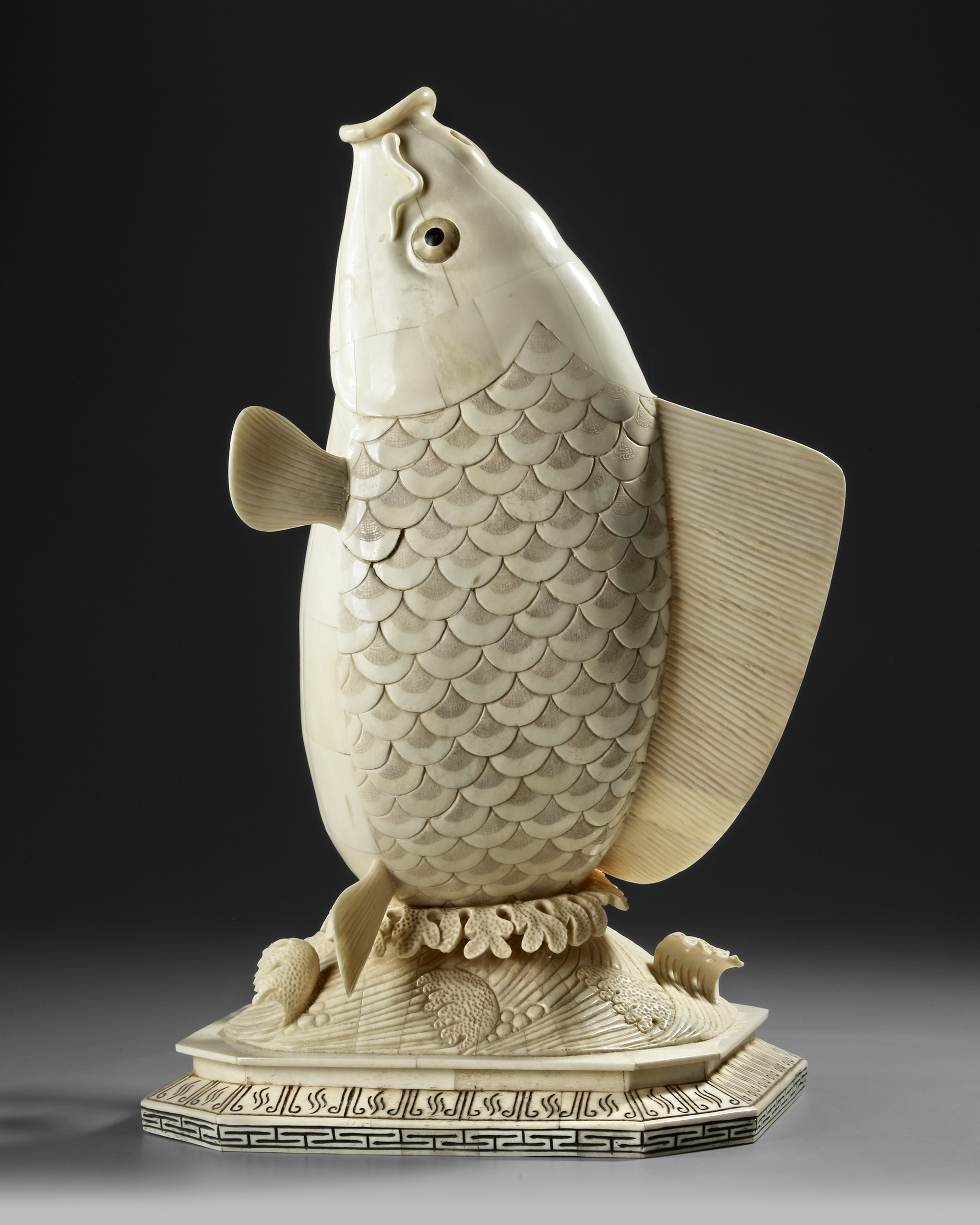 LARGE JAPANESE SCULPTURE — JUMPING KOI FISH IN CARVED BONE, 20TH CENTURY