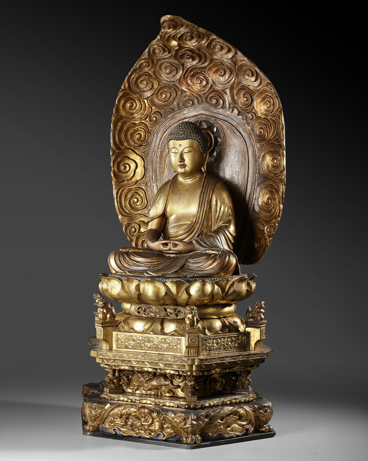A LARGE JAPANESE AMIDA BUDDHA ON A THRONE WITH LARGE MANDORLA, EDO ...