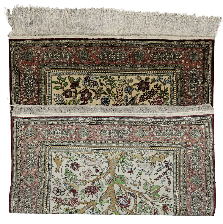 A SMALL FINE SILK GHOM RUG