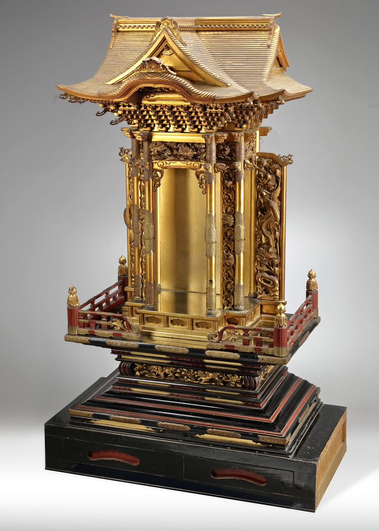 A LARGE JAPANESE BUDDHIST SHRINE, FOUR PARTS, IN THE SHAPE OF A TEMPLE ...