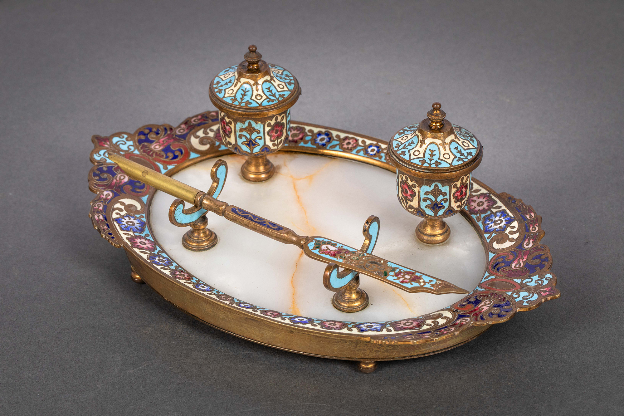 A FRENCH GILT BRONZE AND CLOISONNE ENAMEL INKWELL