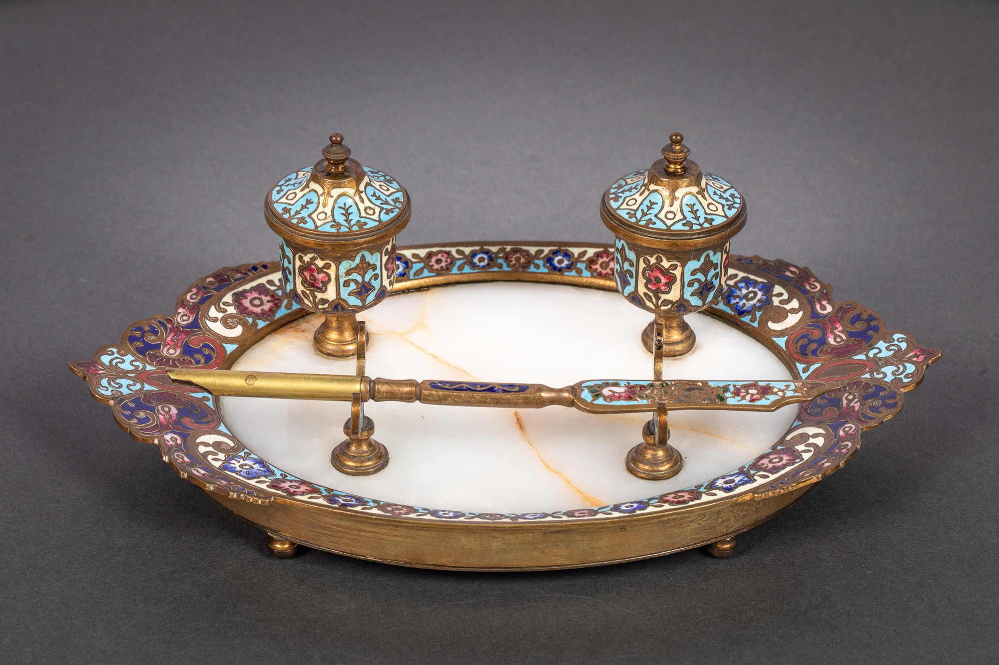 A FRENCH GILT BRONZE AND CLOISONNE ENAMEL INKWELL