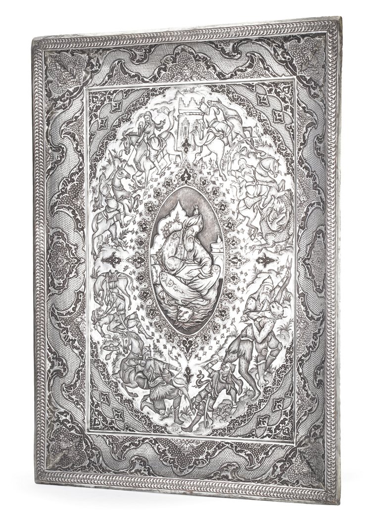 A PERSIAN TINNED AND ENGRAVED TABLEAU SIGNED BY MASTER MAHDI ALAMDARI ...