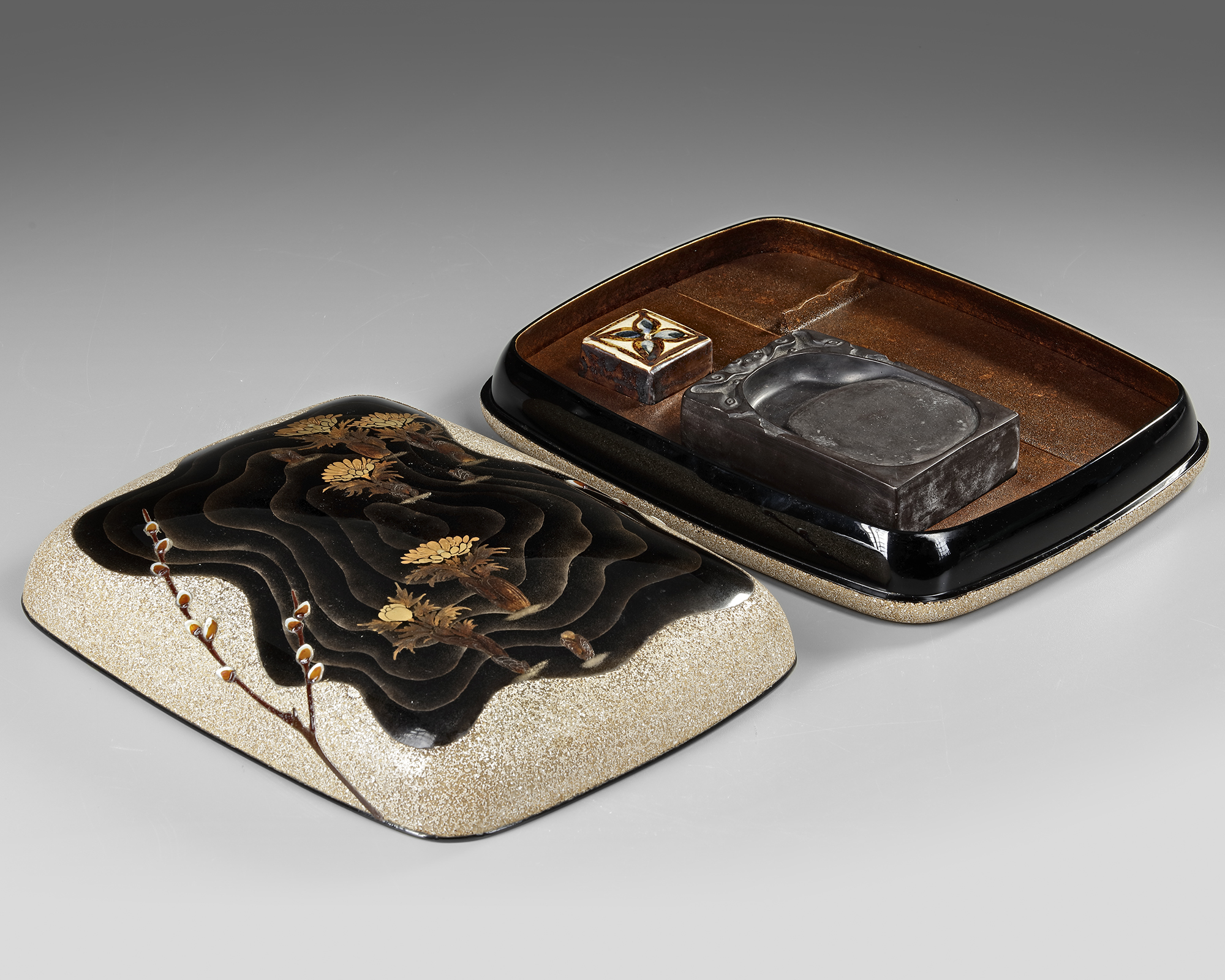 OGIMURA SAKITOSHI, A JAPANESE LACQUER SUZURIBAKO WITH ASTER AND PUSSY ...