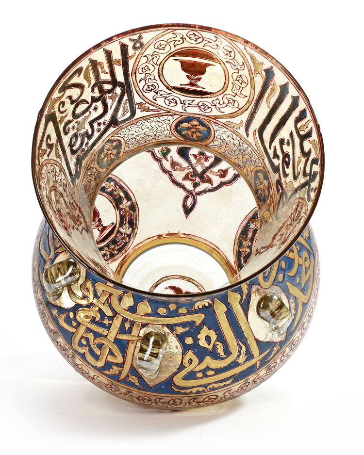 A LARGE ISLAMIC GILT AND ENAMELED GLASS MOSQUE LAMP, 19TH CENTURY