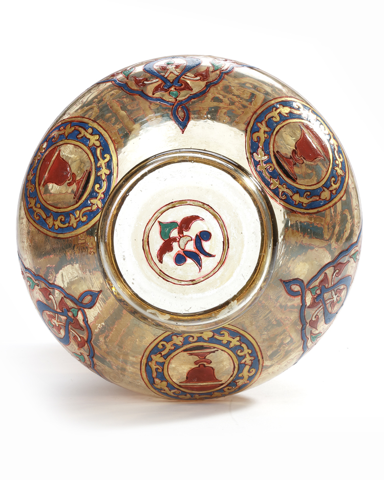 A LARGE ISLAMIC GILT AND ENAMELED GLASS MOSQUE LAMP, 19TH CENTURY