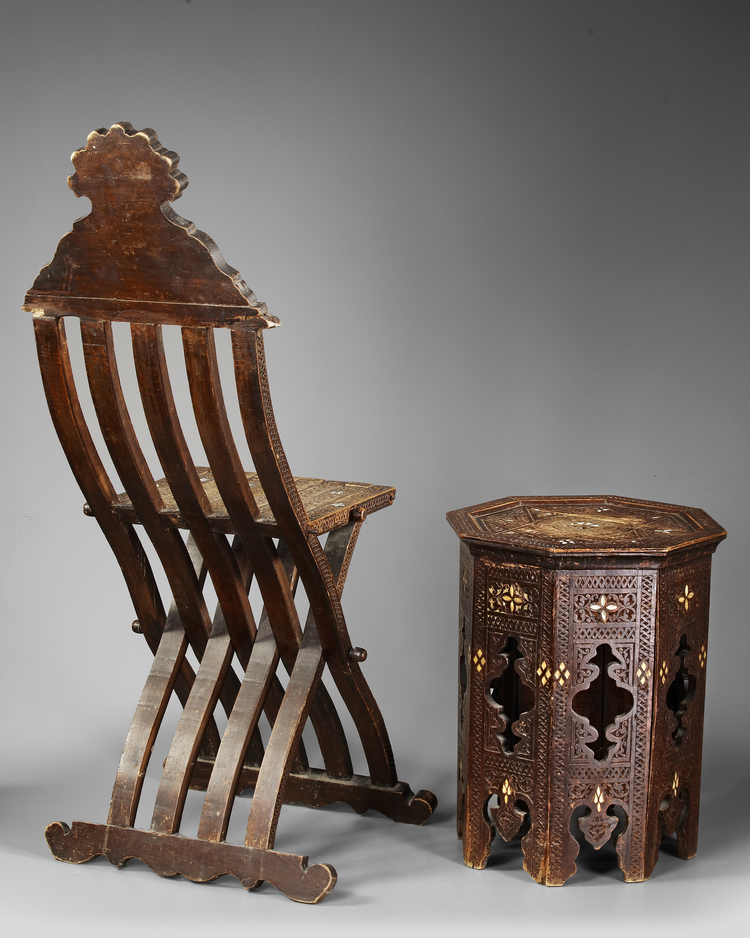 A DAMASCUS MOTHER OF PEARL-INLAID WOOD FOLDING CHAIR, SYRIA, LATE 19TH ...