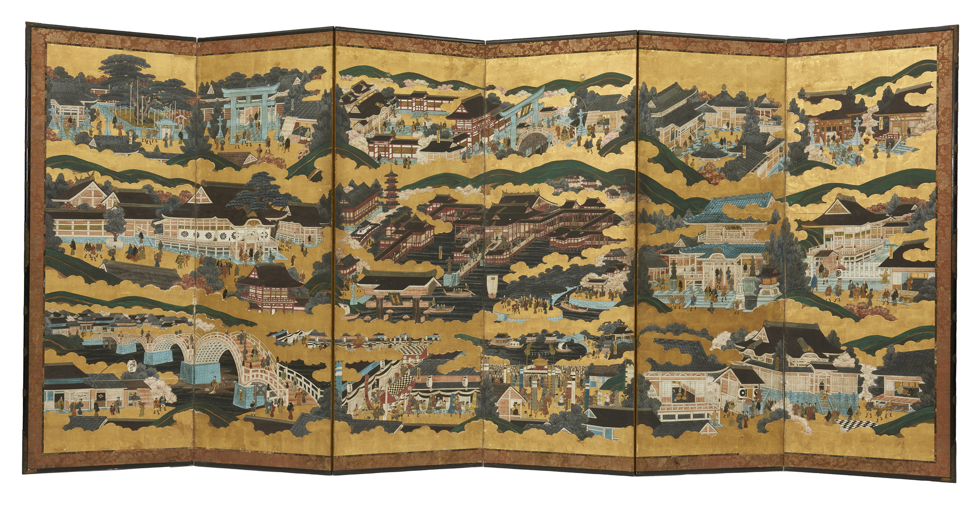 A Japanese Byobu-screen depicting famous views in Kyoto
